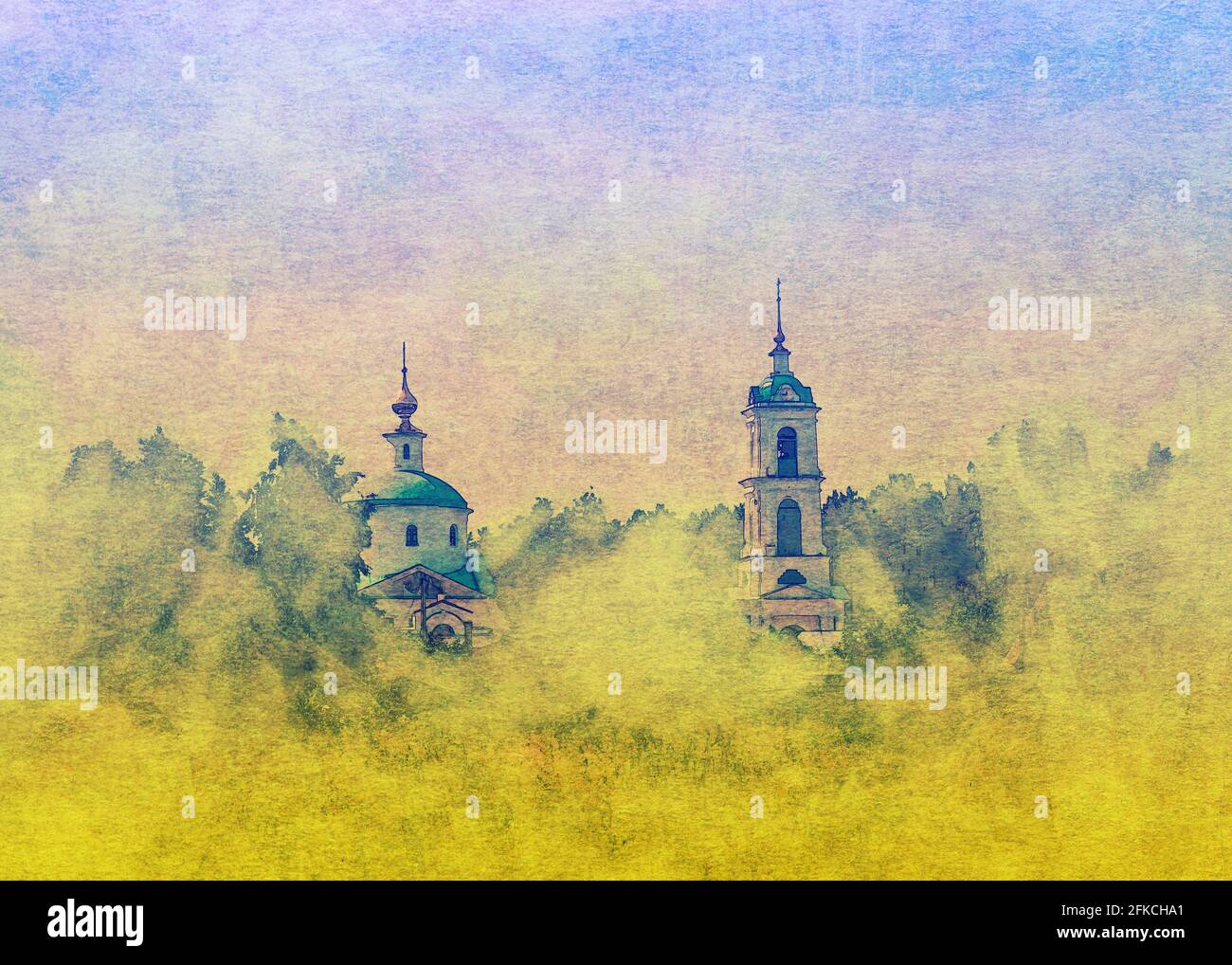 Abstract old orthodox church on paper background, photo manipulation ...