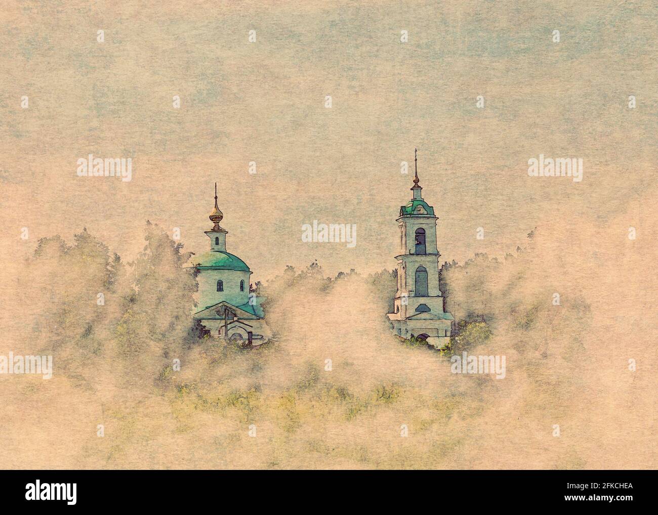 Abstract old orthodox church on paper background, photo manipulation ...