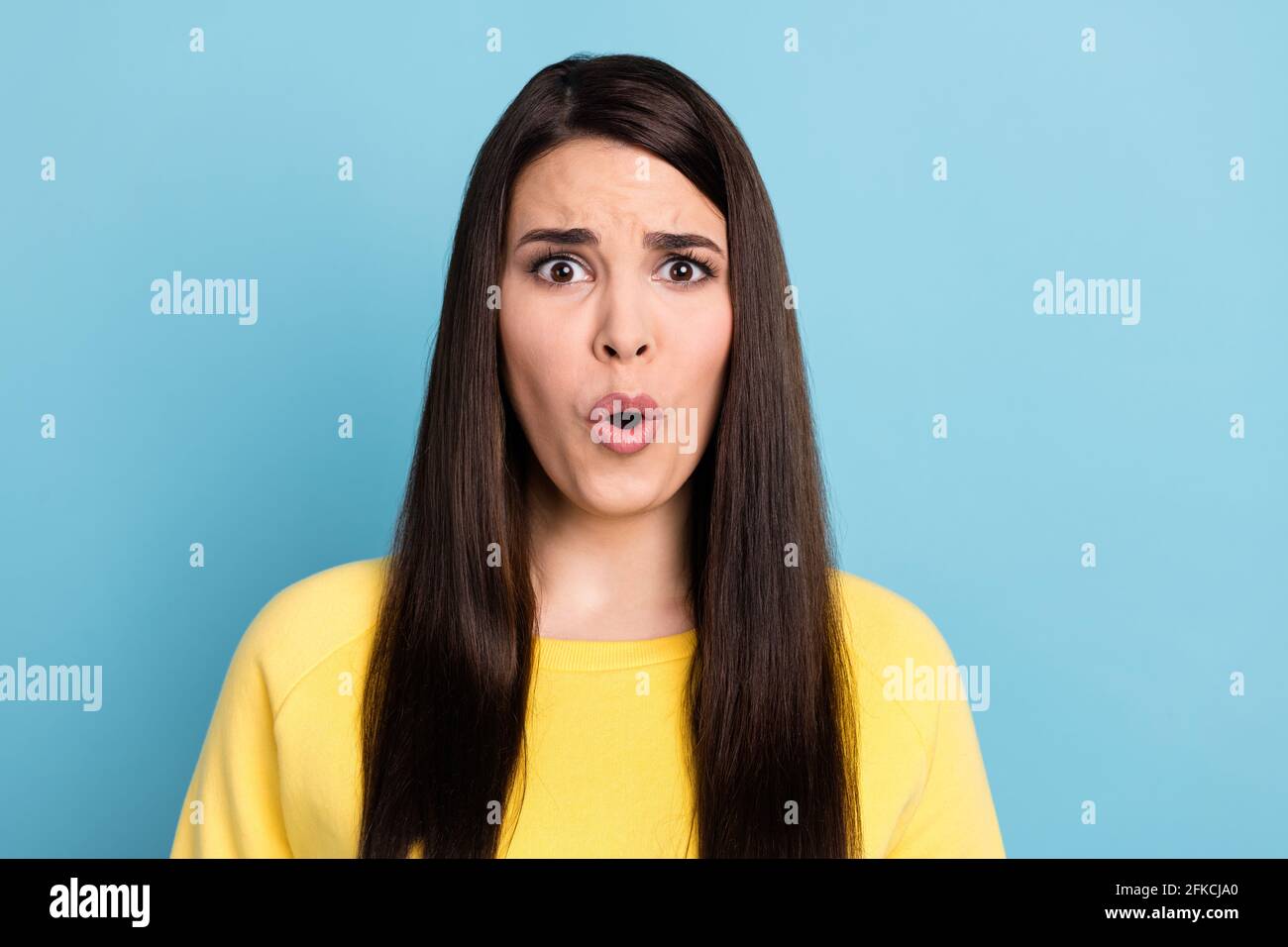 Photo of shocked offended lady crazy look camera open mouth wear yellow ...