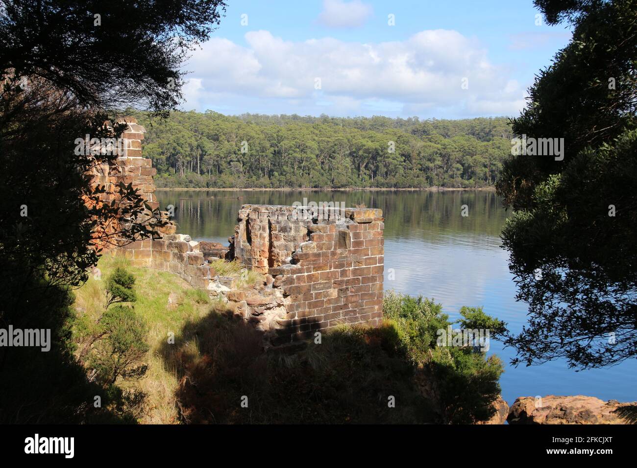 Ruins of the prison on Sarah Island, Tasmania. Macquarie Harbor penal ...