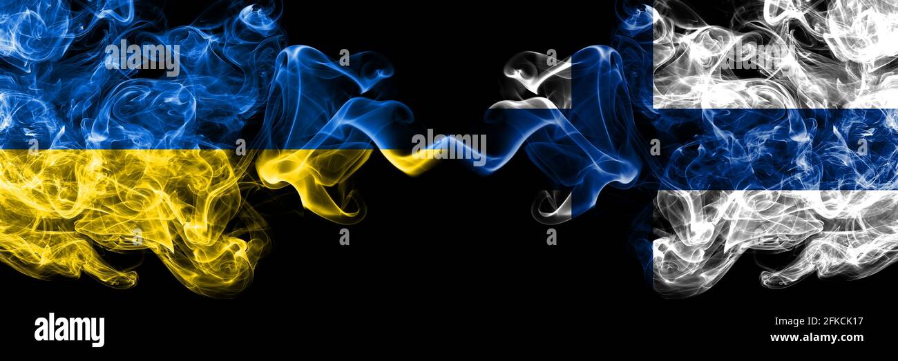 Ukraine, Ukrainian vs Finland, Finnish smoky mystic flags placed side ...