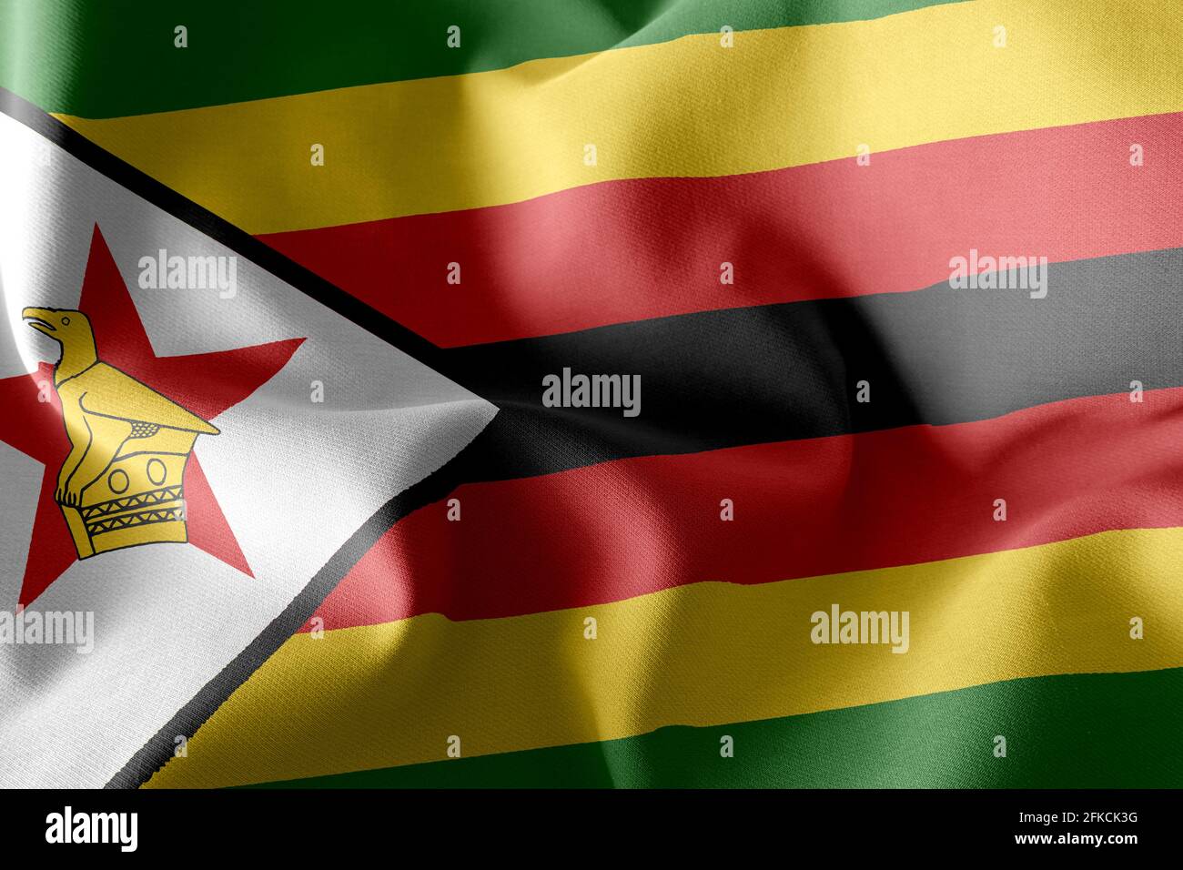 3D illustration flag of Zimbabwe. Waving on the wind flag textile ...