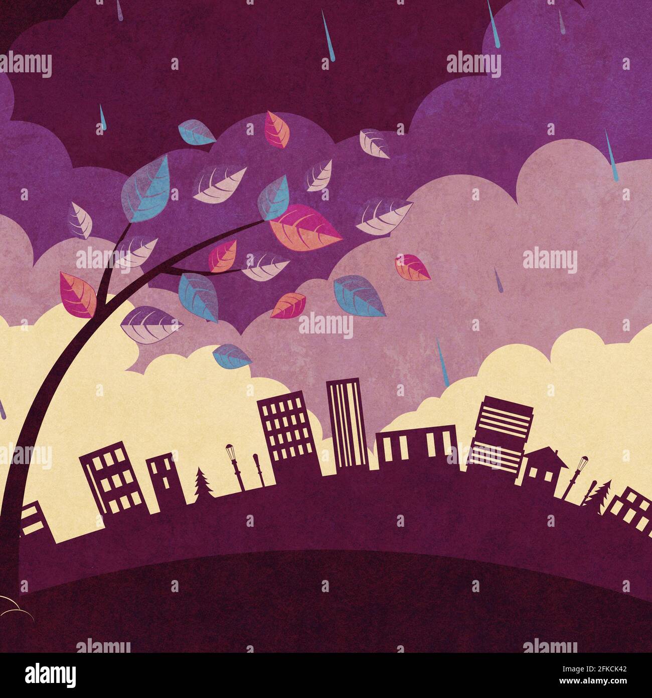 Cartoon tree in the storm and distant city, windy weather textured ...