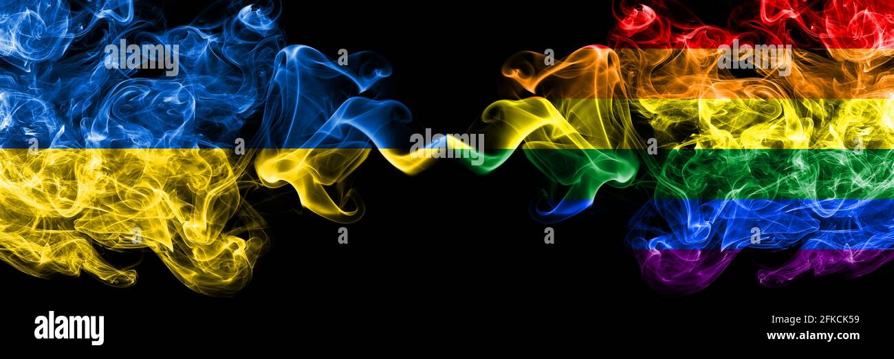Ukraine, Ukrainian vs Gay, Pride smoky mystic flags placed side by side ...