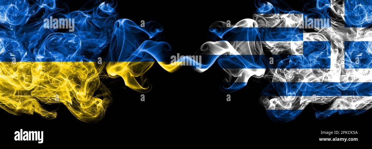 Ukraine, Ukrainian vs Greece, Greek smoky mystic flags placed side by ...