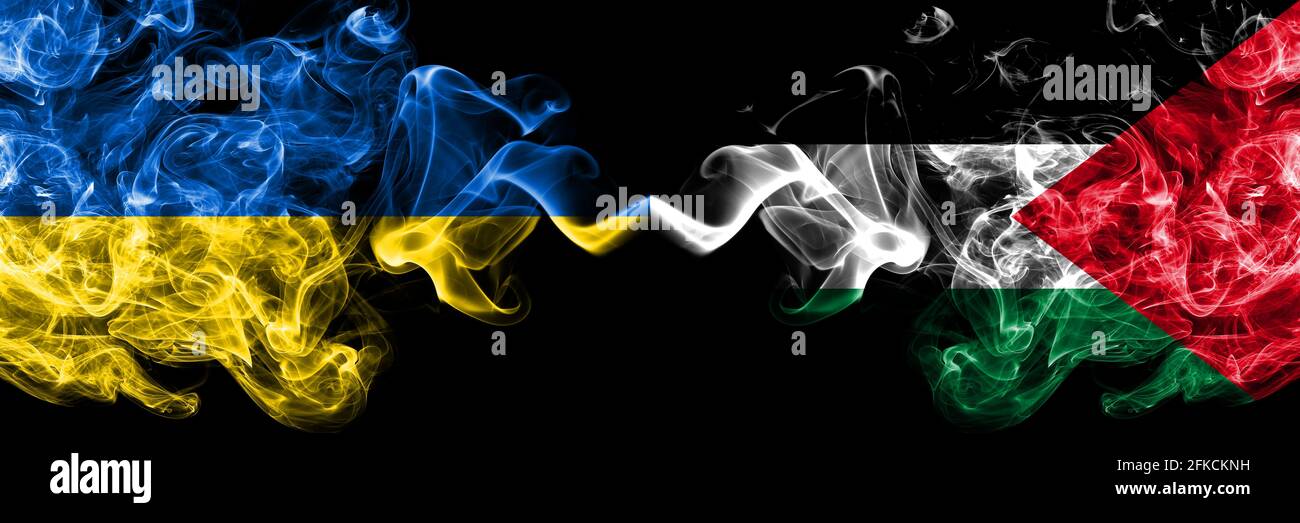 Ukraine, Ukrainian vs Palestine, Palestinian smoky mystic flags placed ...