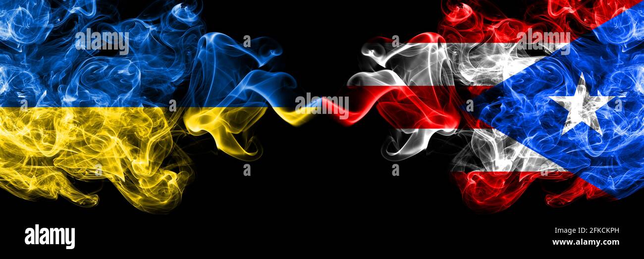 Ukraine, Ukrainian vs Puerto Rico smoky mystic flags placed side by ...