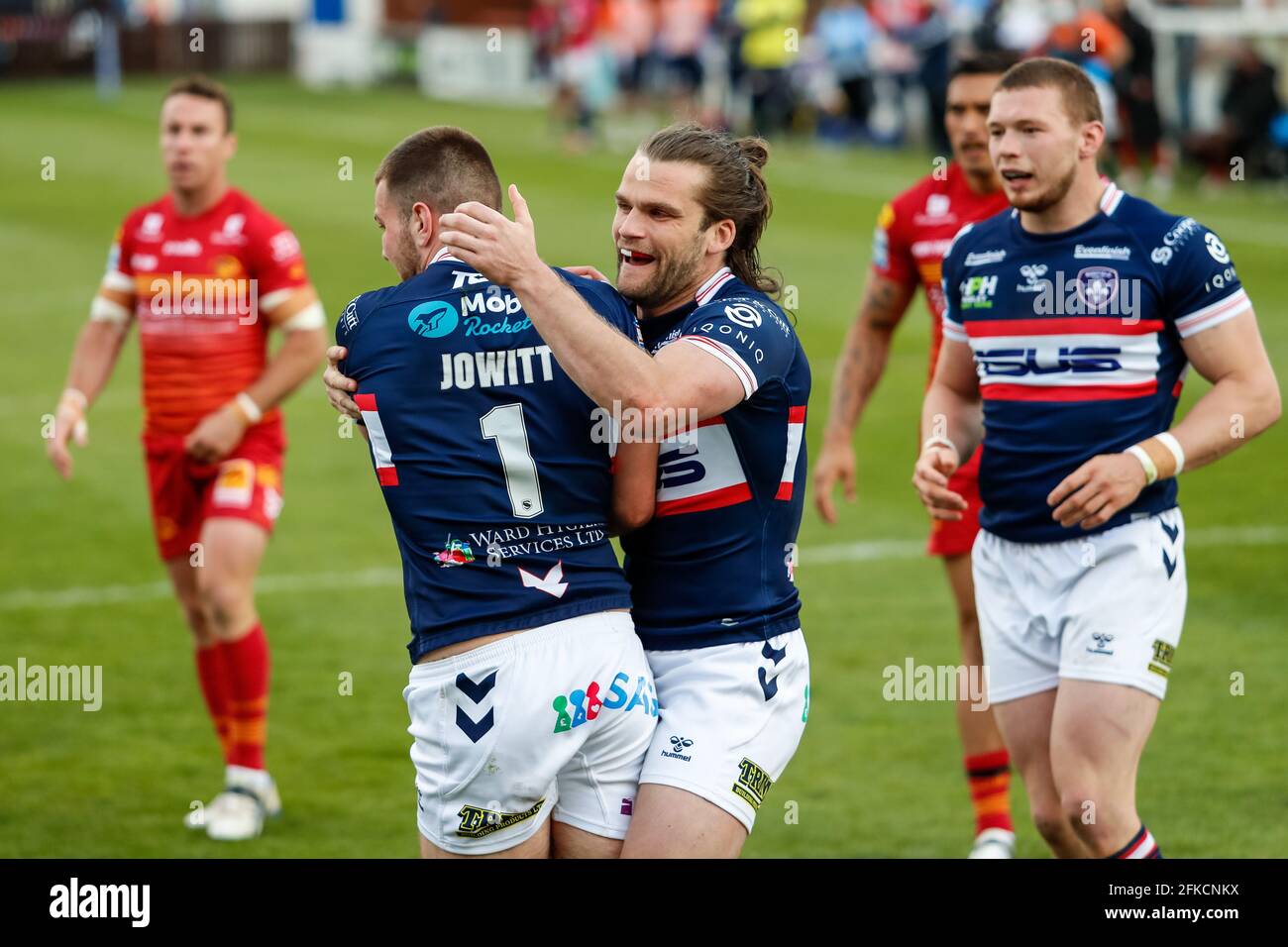 Max Jowitt (1) of Wakefield Trinity goes over for a try and celebrates ...