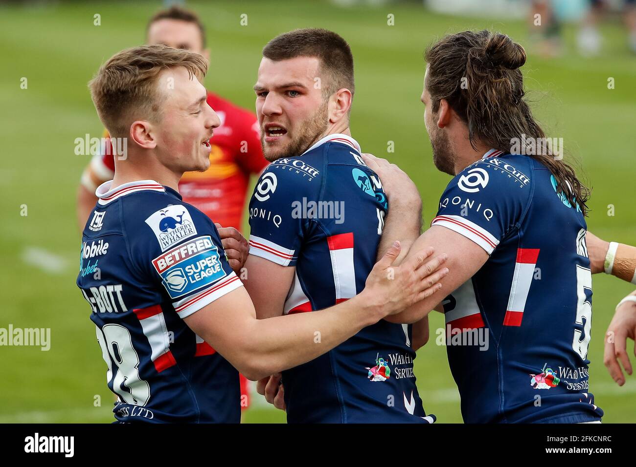 Max Jowitt (1) of Wakefield Trinity looks back to confirm his try is ...