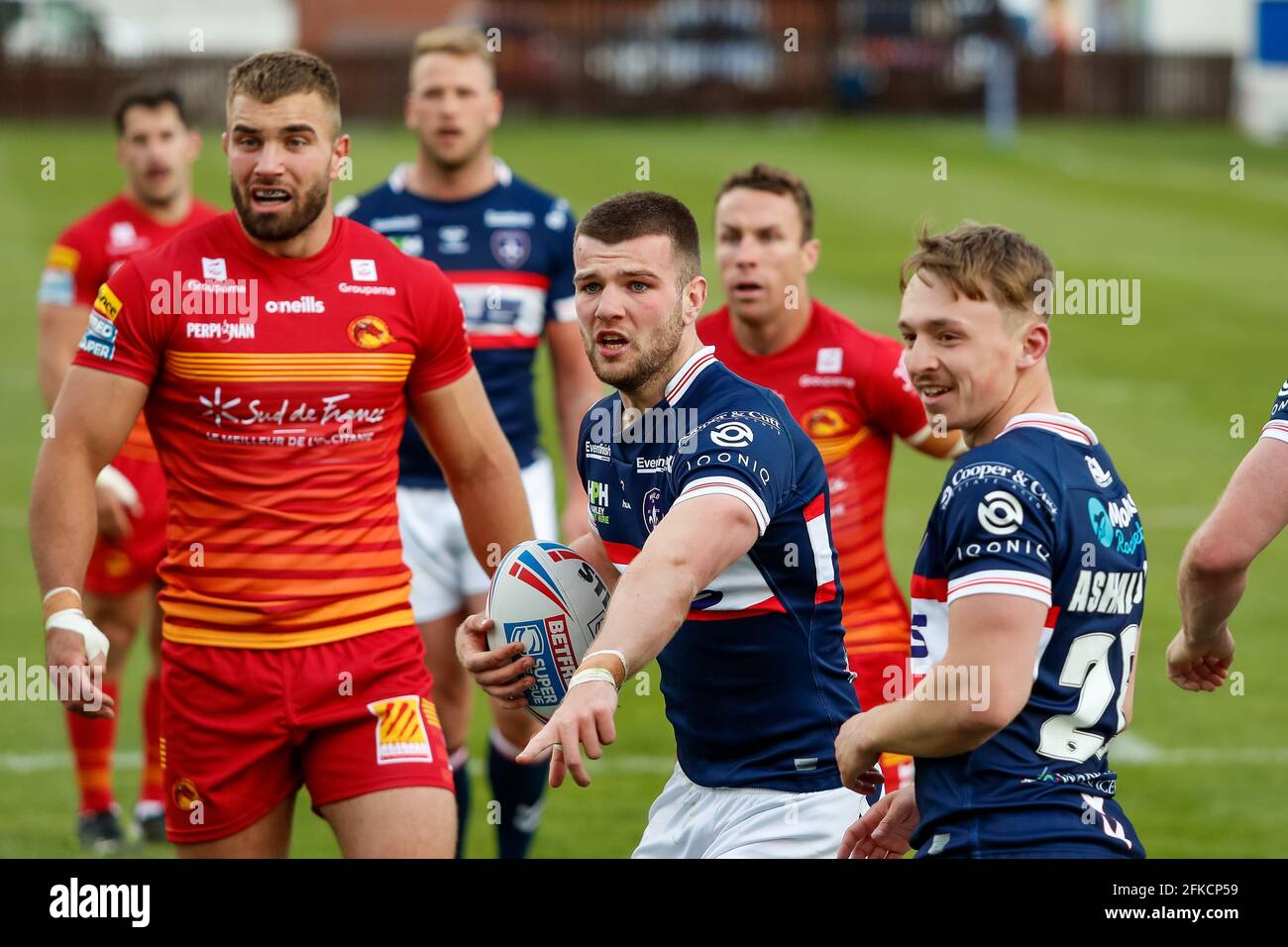Max Jowitt (1) of Wakefield Trinity looks back to confirm his try is ...