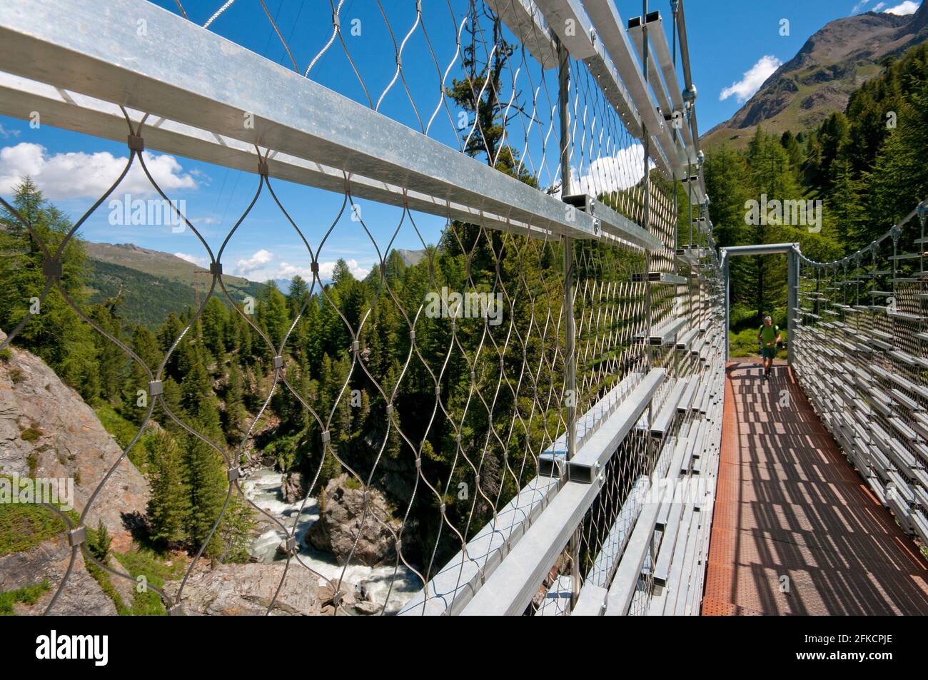 Suspension bridge over Plima river gorge in Martell Valley (Martelltal ...