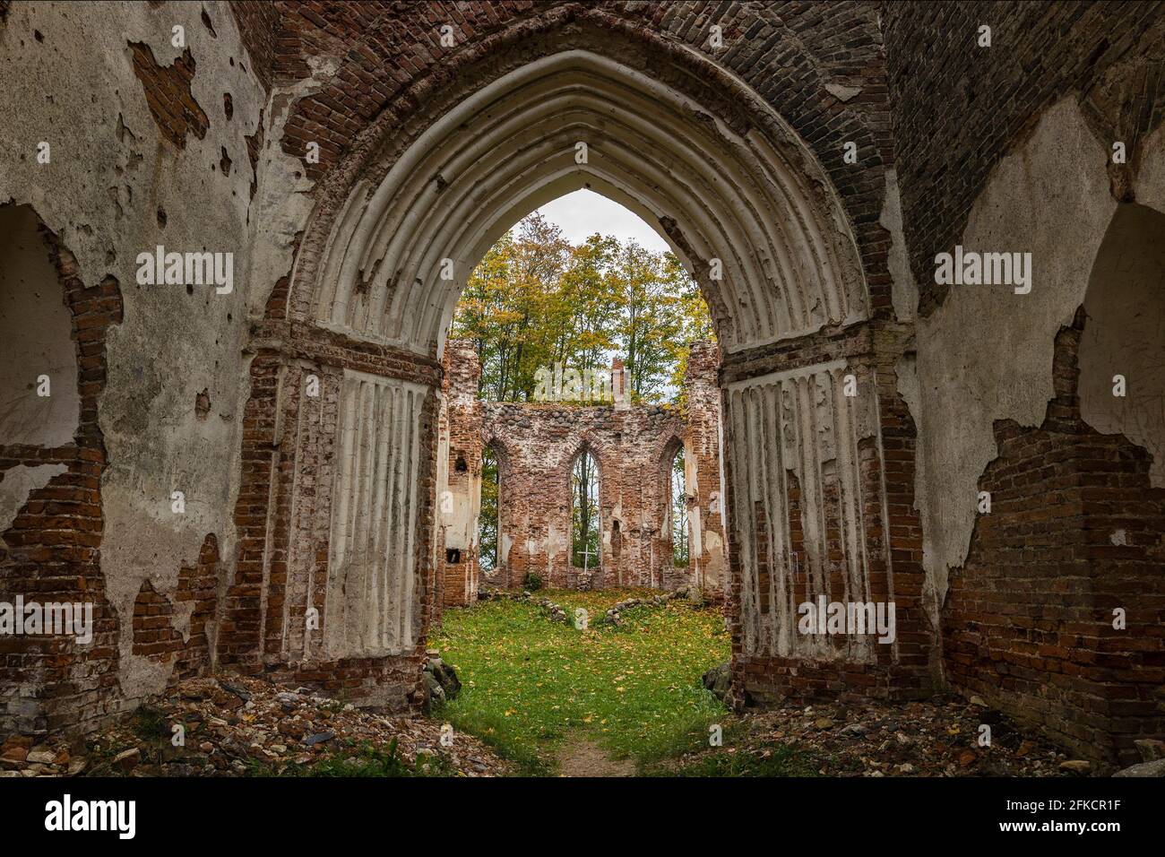 The ruins of an old abandoned church. A large ruined old building of ...