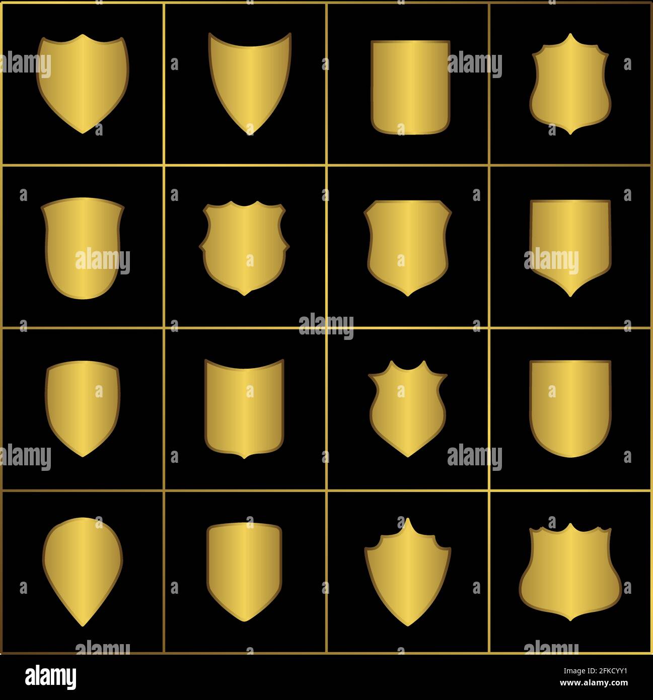 Set of Golden heraldic shields. Retro style borders, frames, labels ...