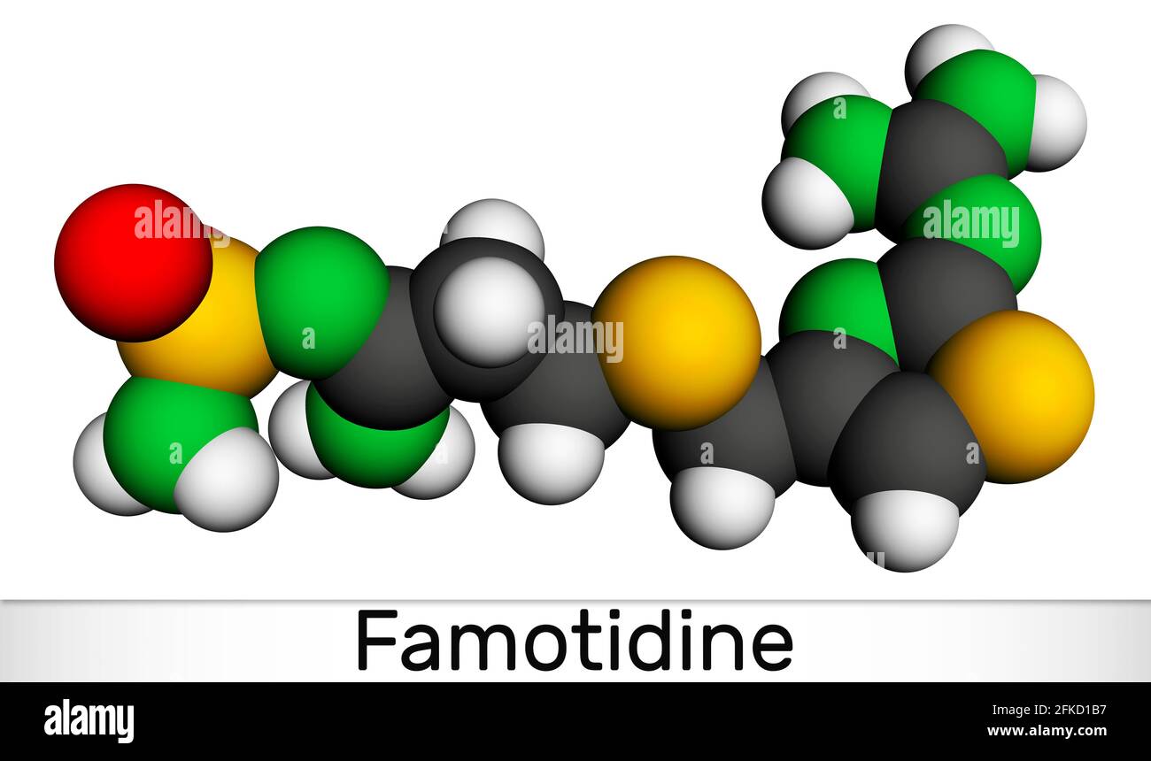 Famotidine, molecule. It is used for treatment of peptic ulcer disease ...
