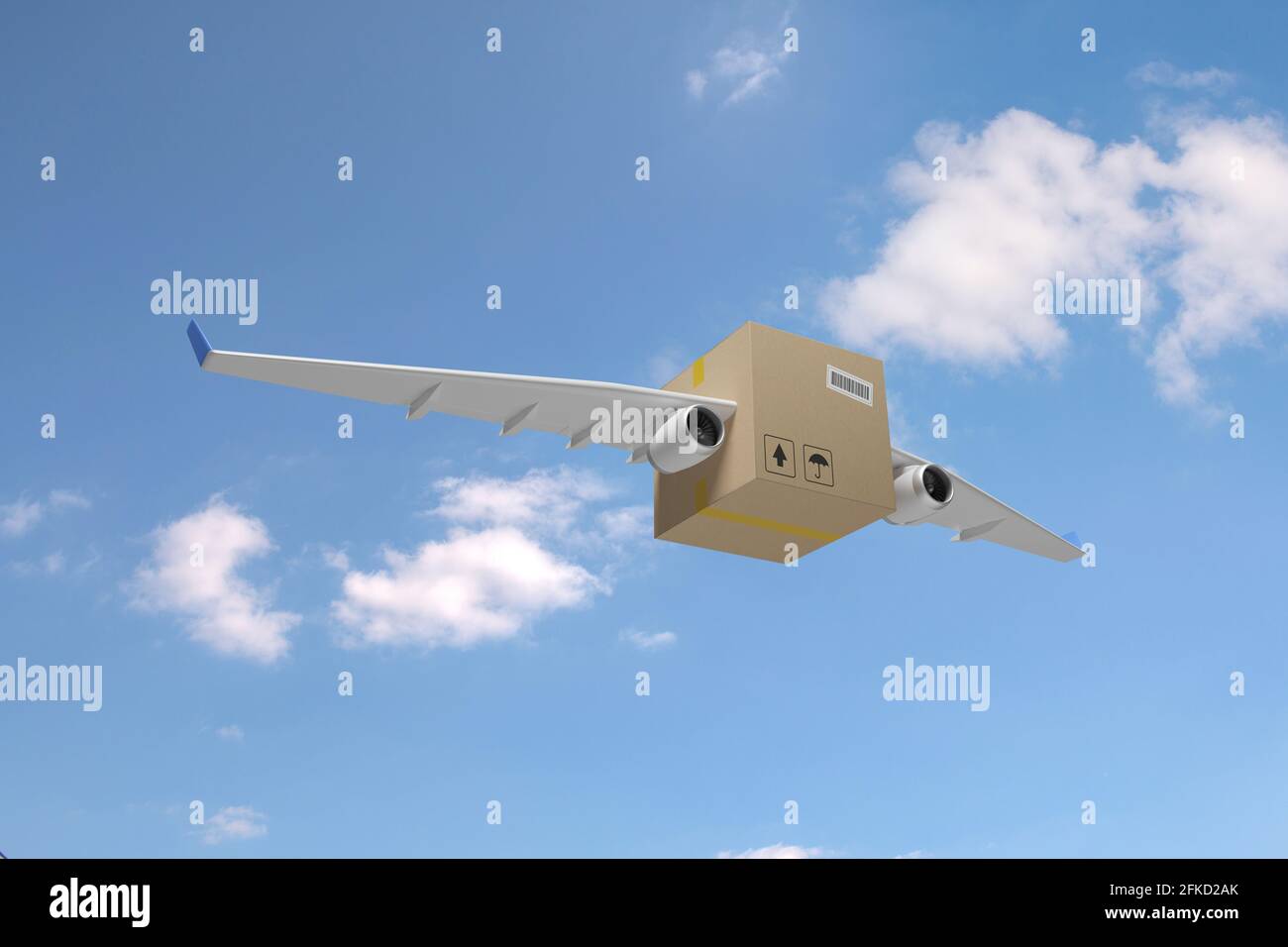 Cardboard box with airplane wings on a blue sky background. Shipping ...