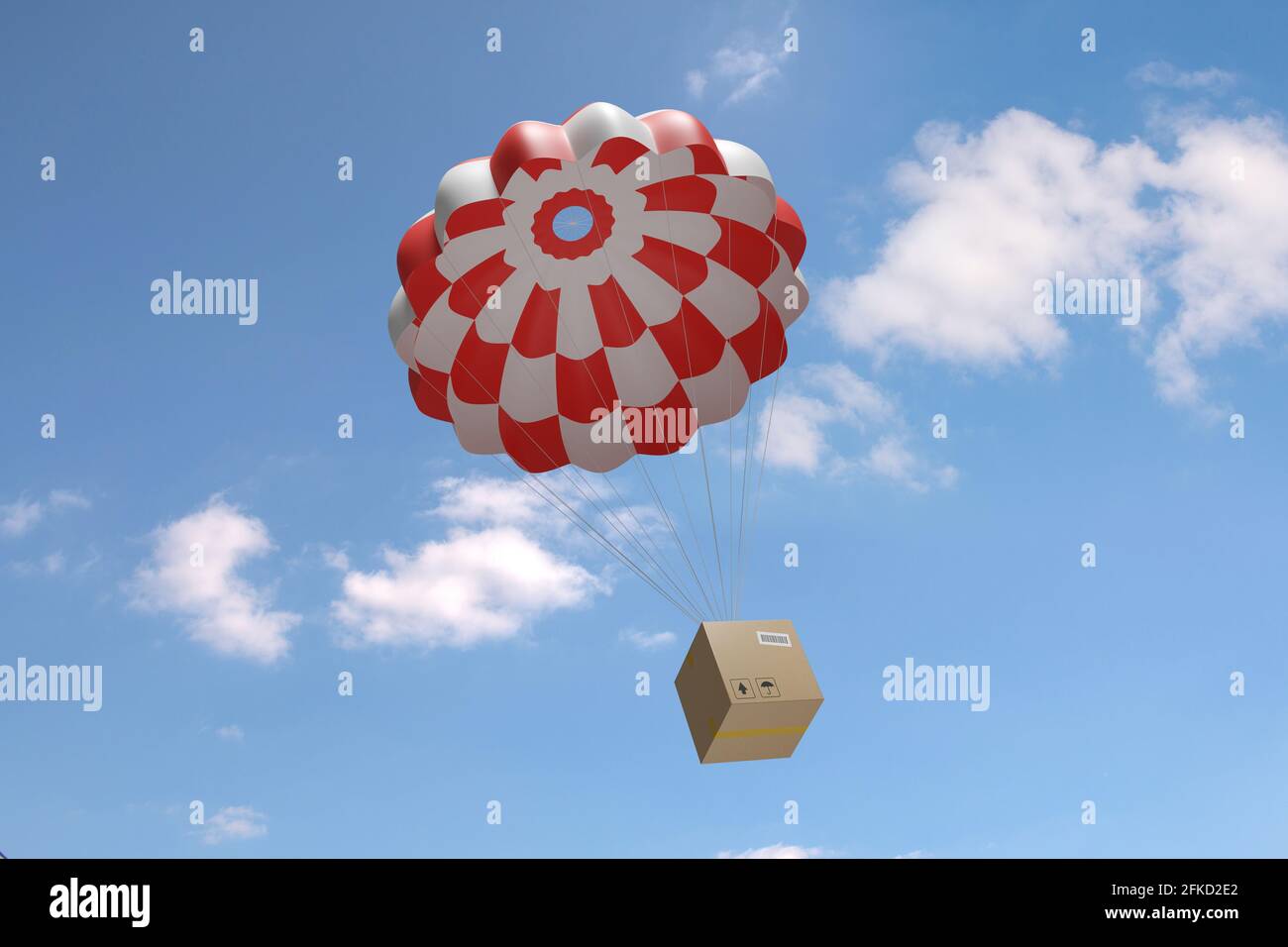 Cardboard box descending by parachute on a blue sky background ...