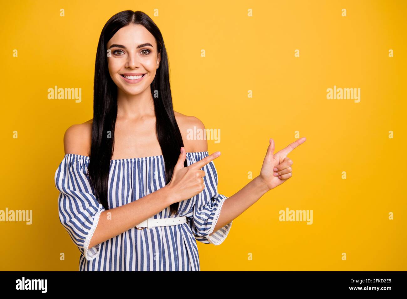 Photo of shiny adorable woman dressed off-shoulders outfit smiling ...