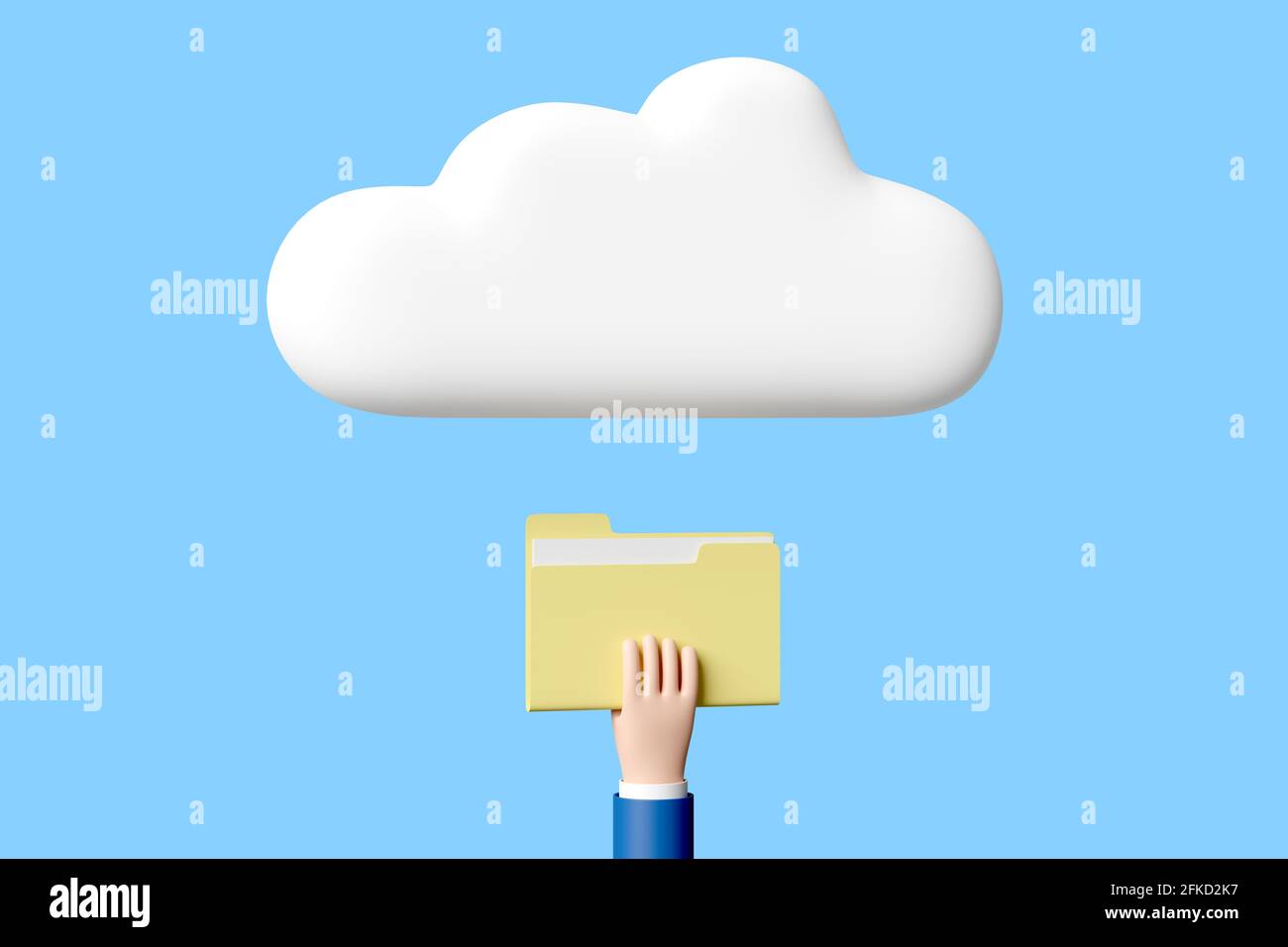 Cartoon hand holding a folder with files under a cloud isolated on blue ...