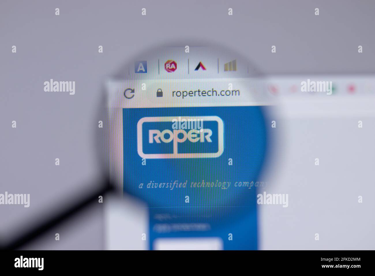 New York, USA - 26 April 2021: Roper Technologies company logo close-up ...