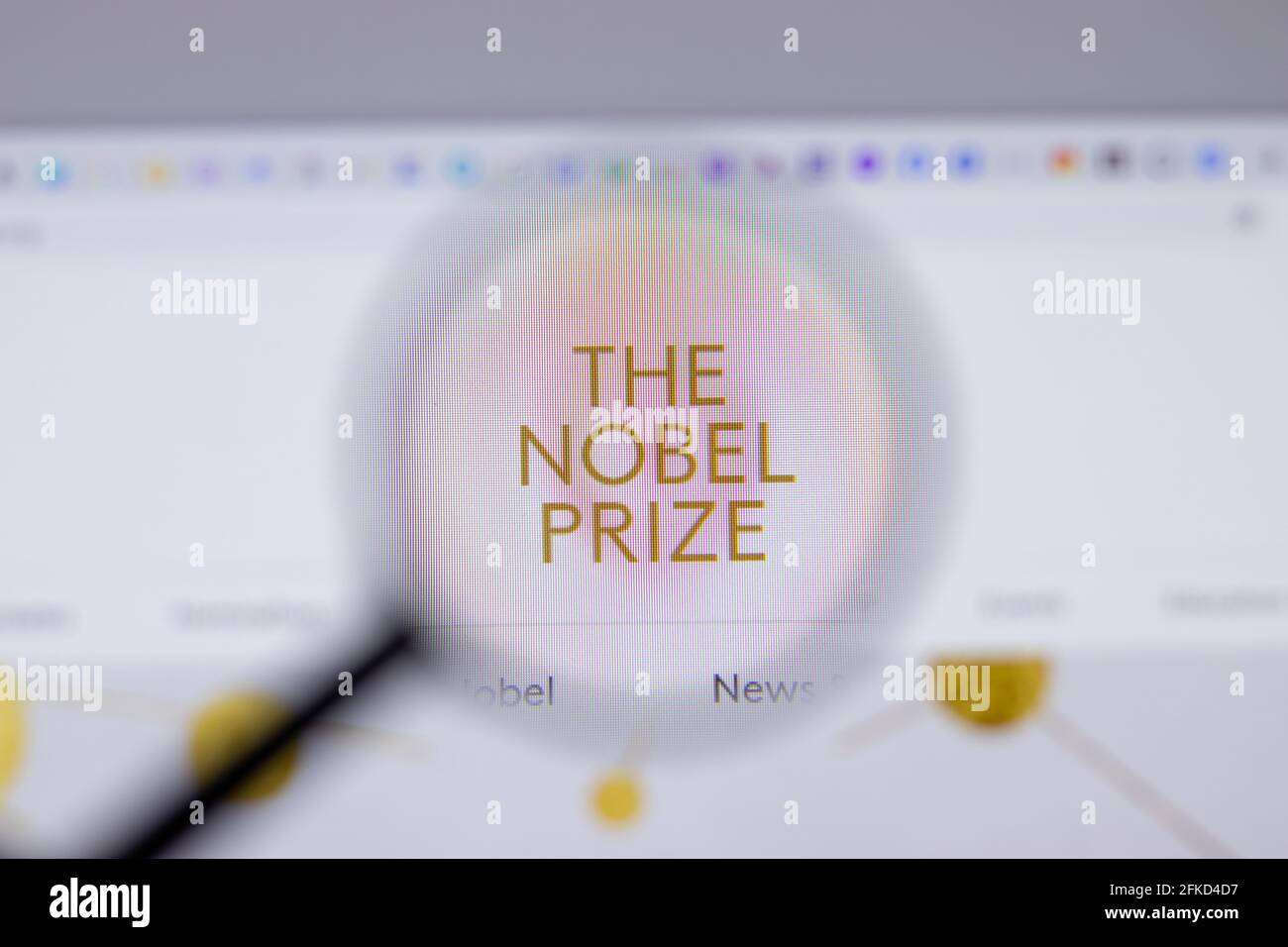 New York, USA - 26 April 2021: The Nobel Prize logo close-up on website ...