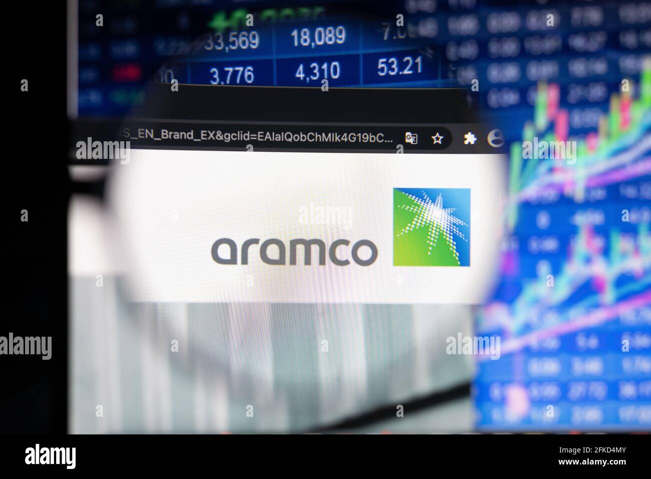 Aramco company logo on a website with blurry stock market developments ...