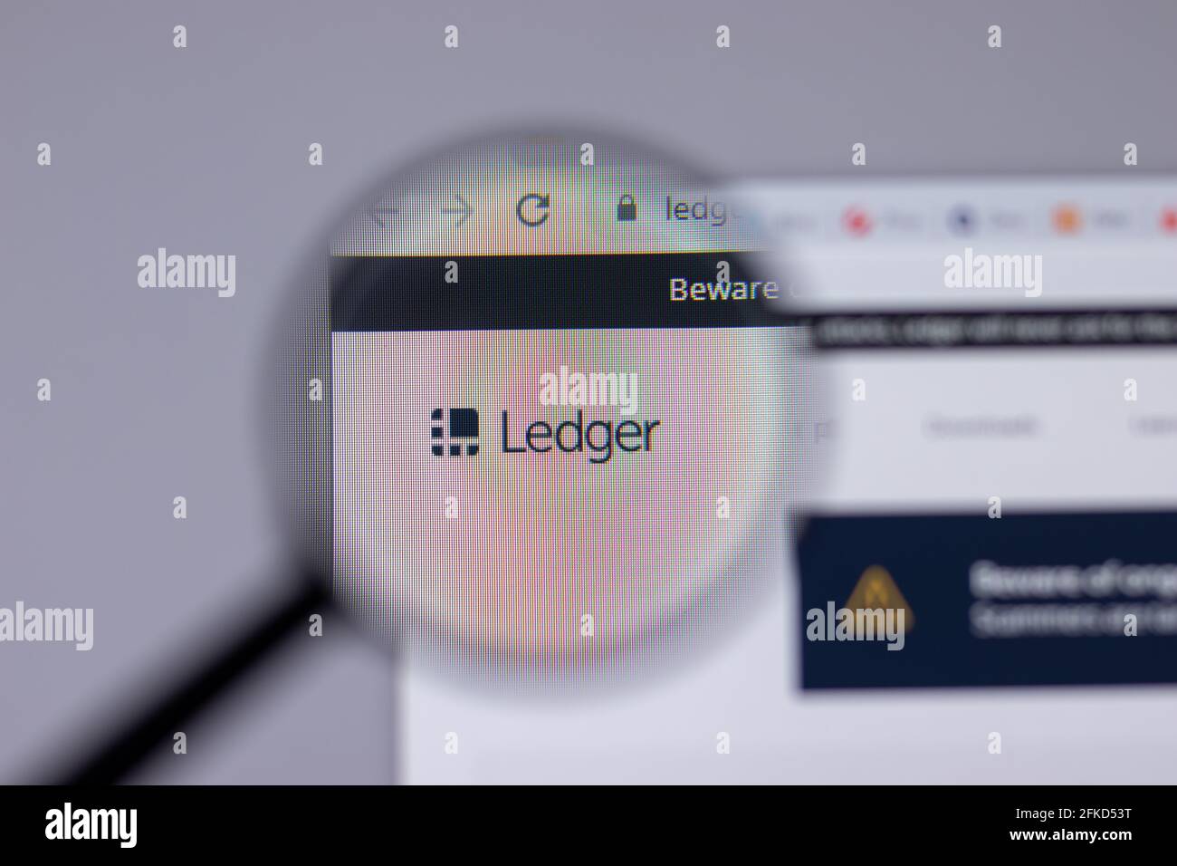 New York, USA - 26 April 2021: Ledger company logo close-up on website ...