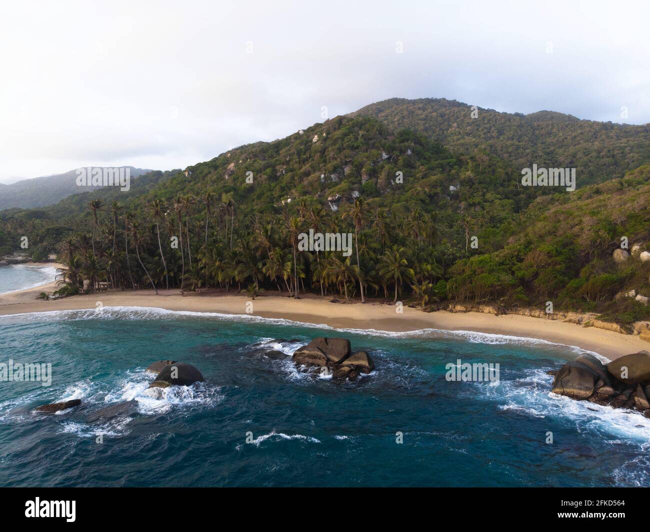 Aerial panorama view of Cabo San Juan del Guia in Tayrona National Park ...