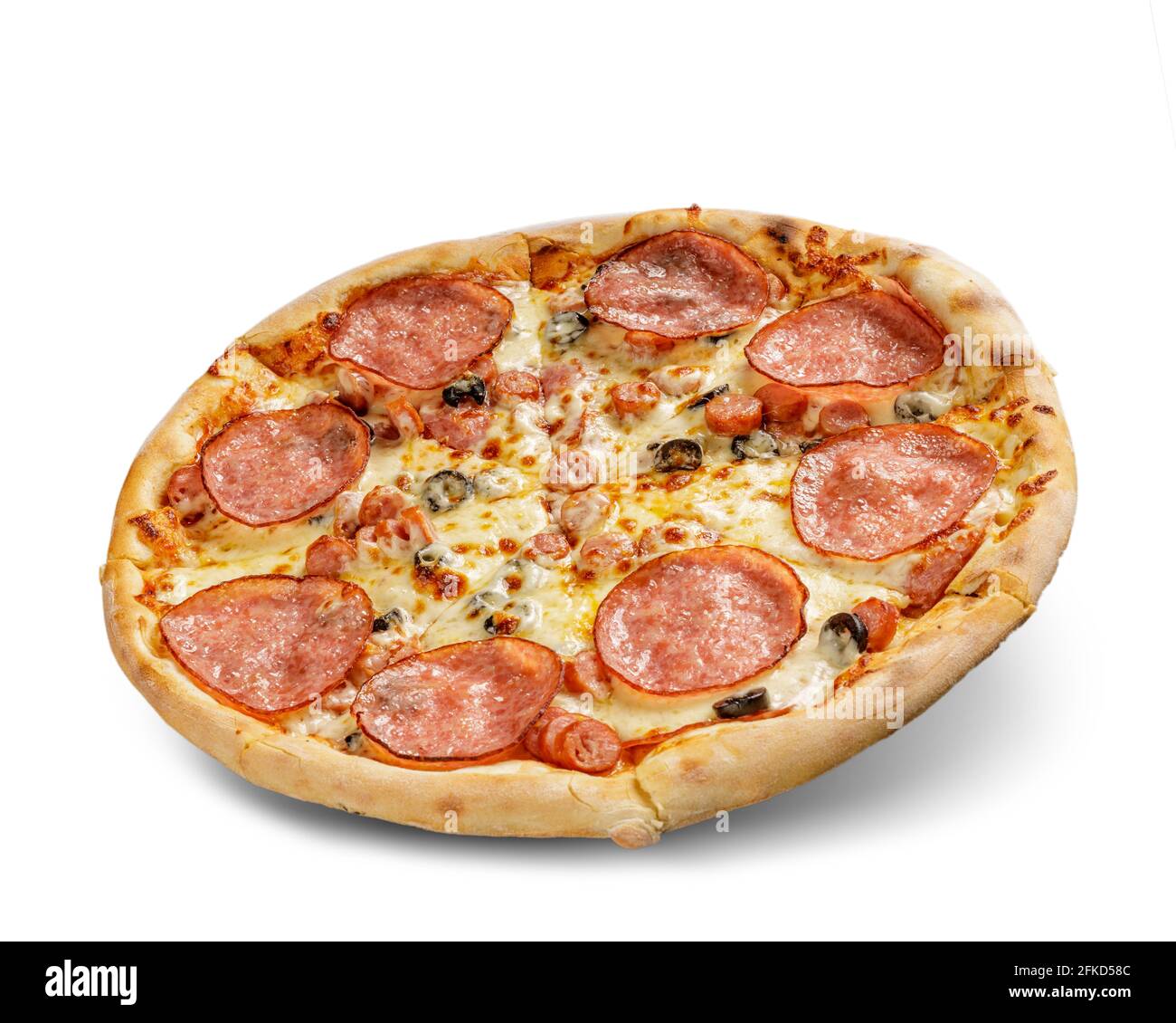 Isolated pizza, levitated on white background with shadow. Delicious ...