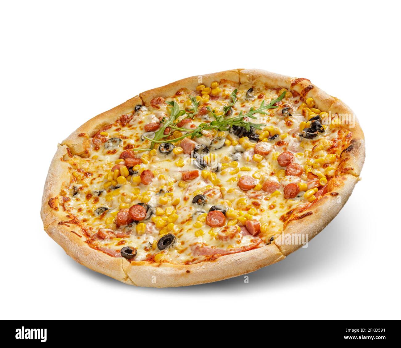 Isolated pizza, levitated on white background with shadow. Delicious ...