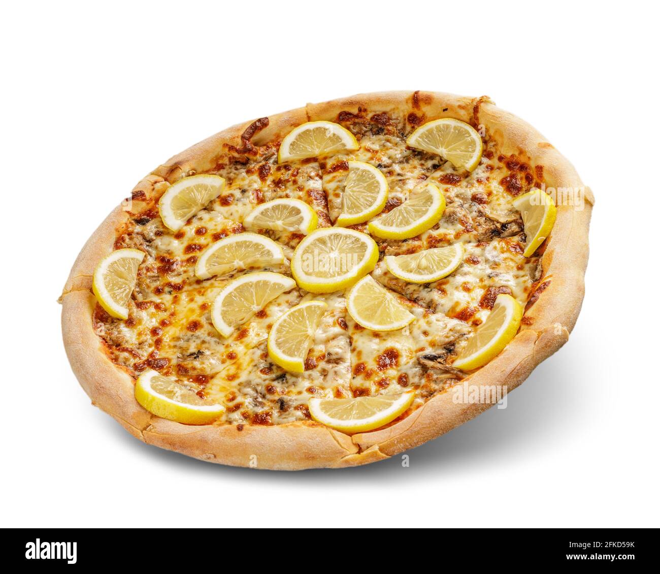 Isolated pizza, levitated on white background with shadow. Delicious ...