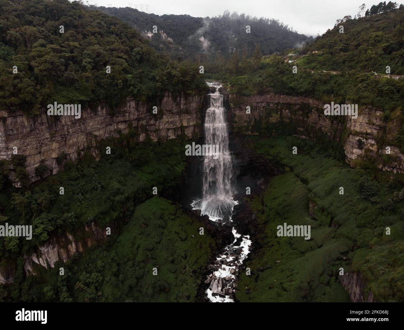 Aerial panorama view of Bogota river waterfall Salto del Tequendama in ...