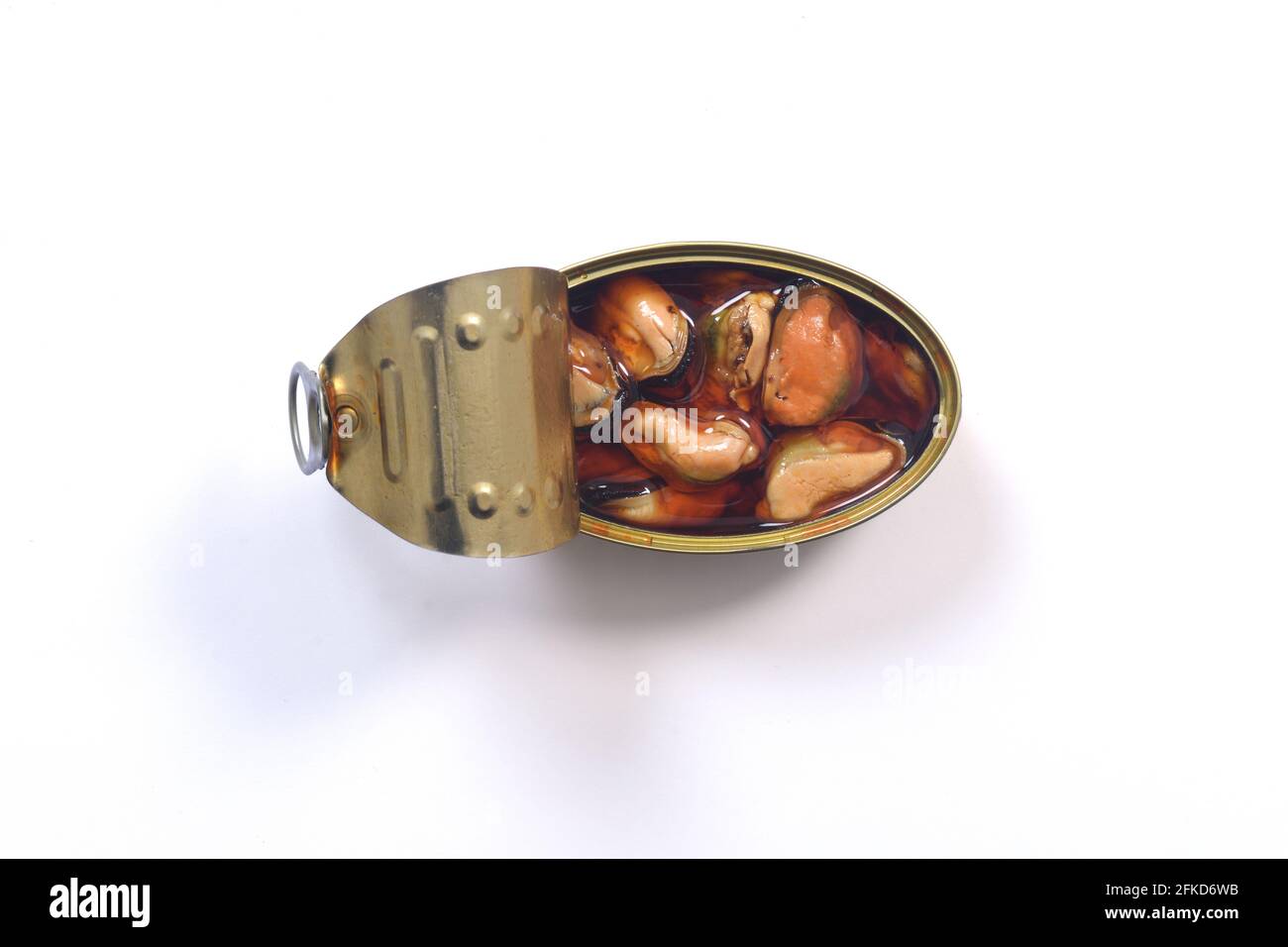 can of pickled mussel on red background Stock Photo - Alamy