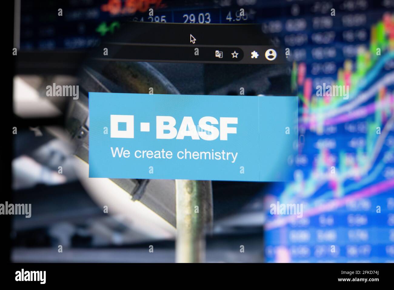 BASF company logo on a website with blurry stock market developments in ...