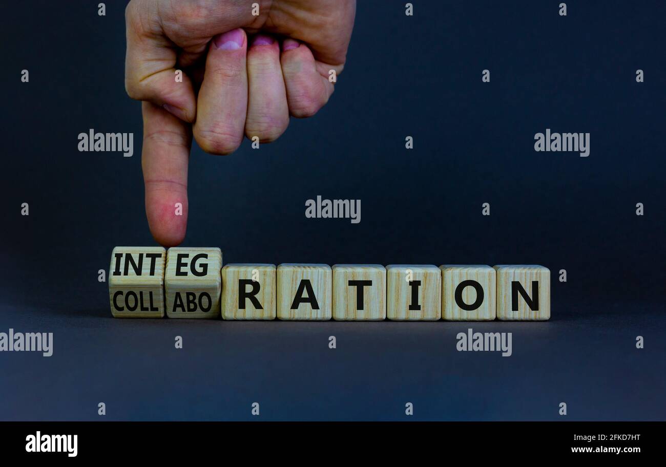 Integration or collaboration symbol. Businessman turns cubes, changes ...