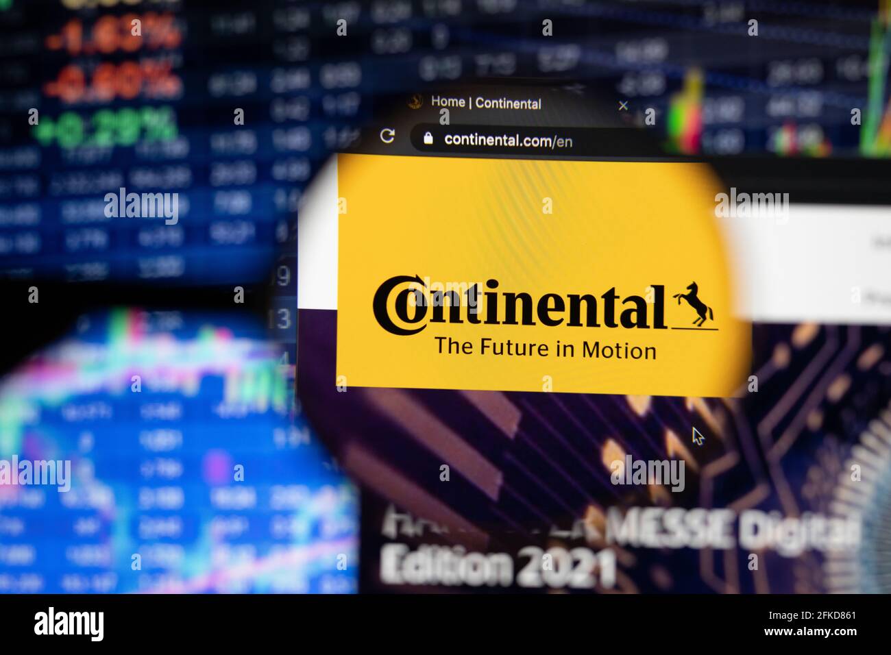 Continental company logo on a website with blurry stock market developments in the background ...