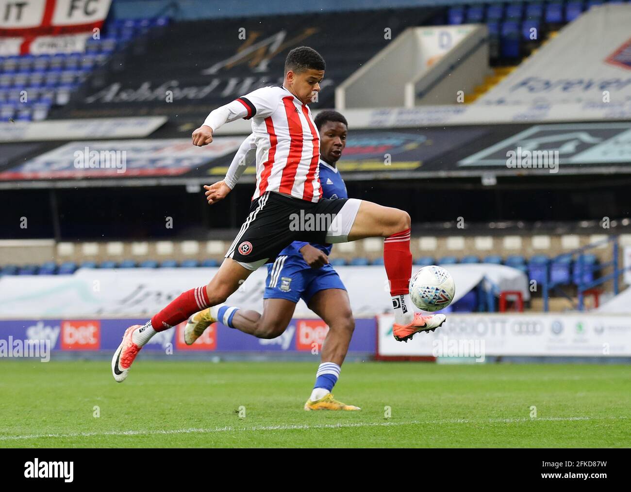 Ipswich, England, 30th April 2021. Will Osula of Sheffield Utd scores ...