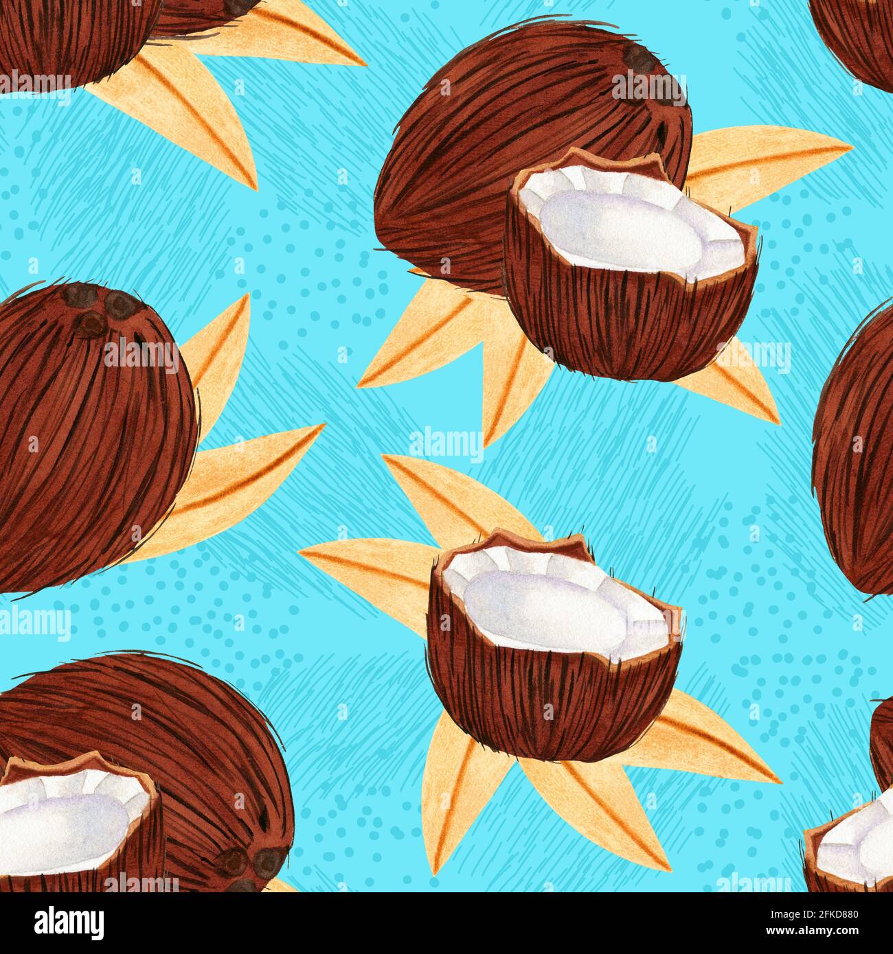 Whole coco and a half with leaves seamless pattern Stock Photo - Alamy