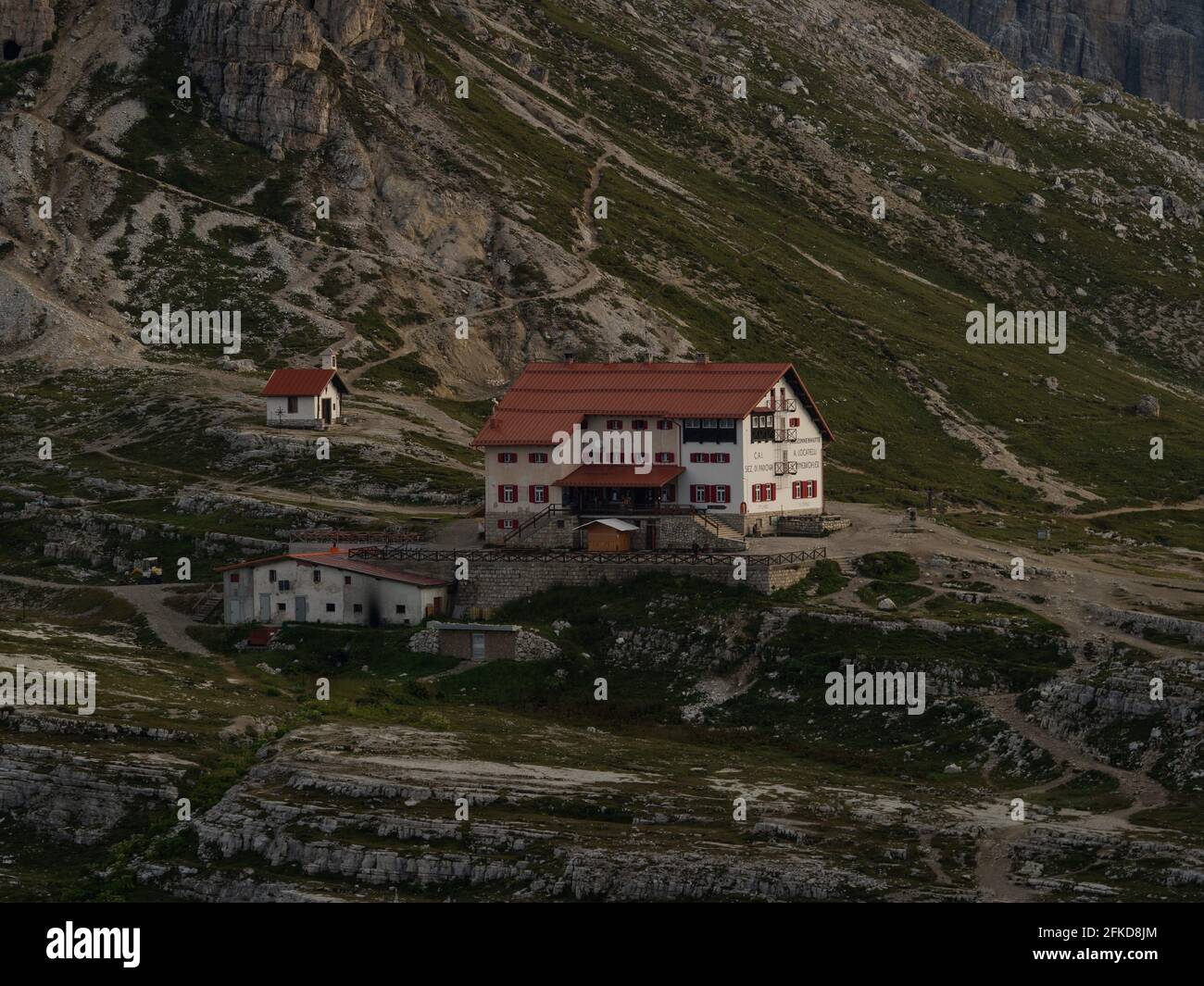 Alpine panorama of Locatelli cabin mountain hut at Tre Cime di Lavaredo ...
