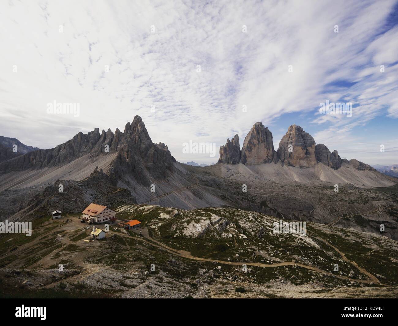 Alpine panorama of Locatelli cabin mountain hut with Monte Paterno ...