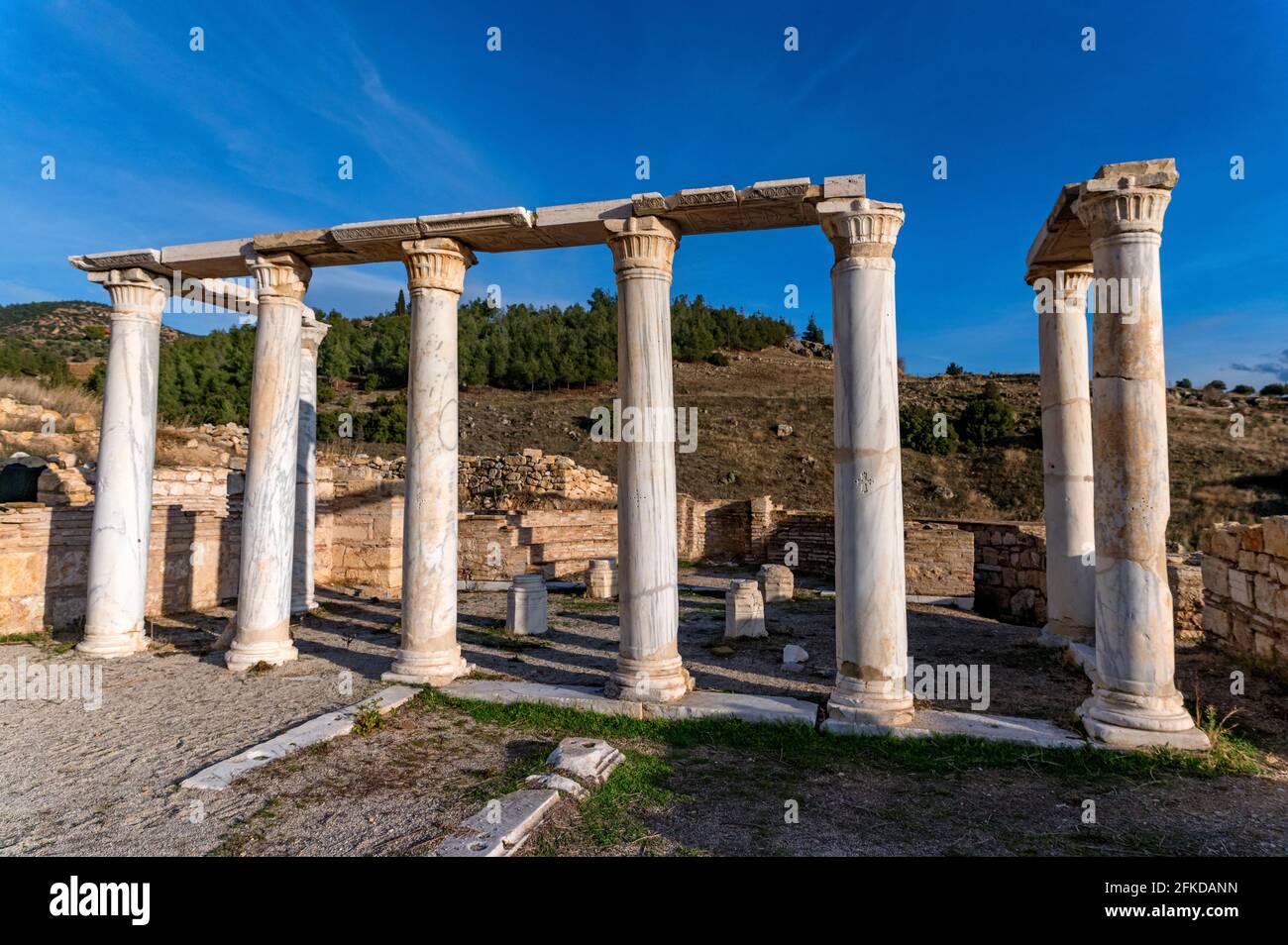 Beautiful scenic view of ruins of ancient pillars incity Hierapolis in ...