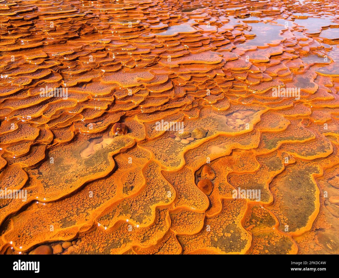 Detail of sediments in orange mineral pool of natural water spring in ...