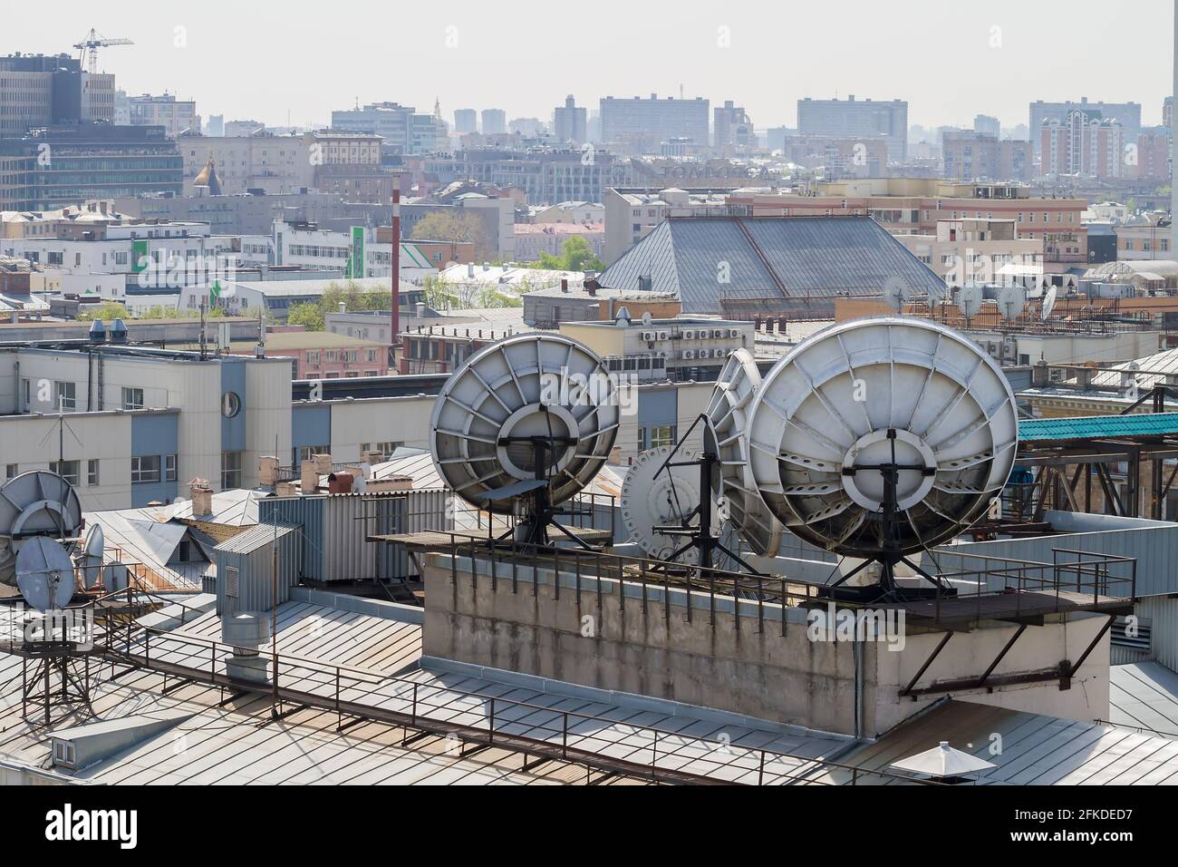 Russia. Moscow. Telecommunications. Radio relay antennas on the roof of ...