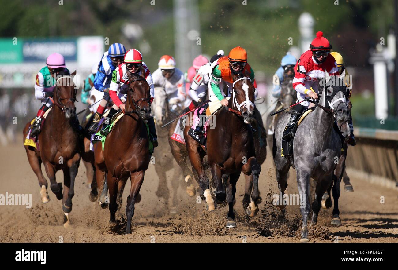 Louisville, United States. 30th Apr, 2021. Horses and jockeys race down ...