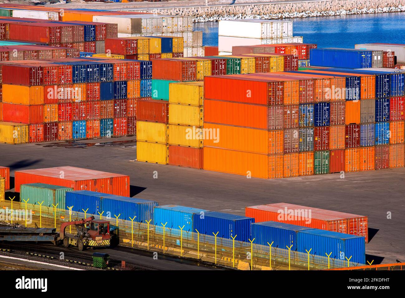 container terminal port warehouse with export cargo stockpiled and ...