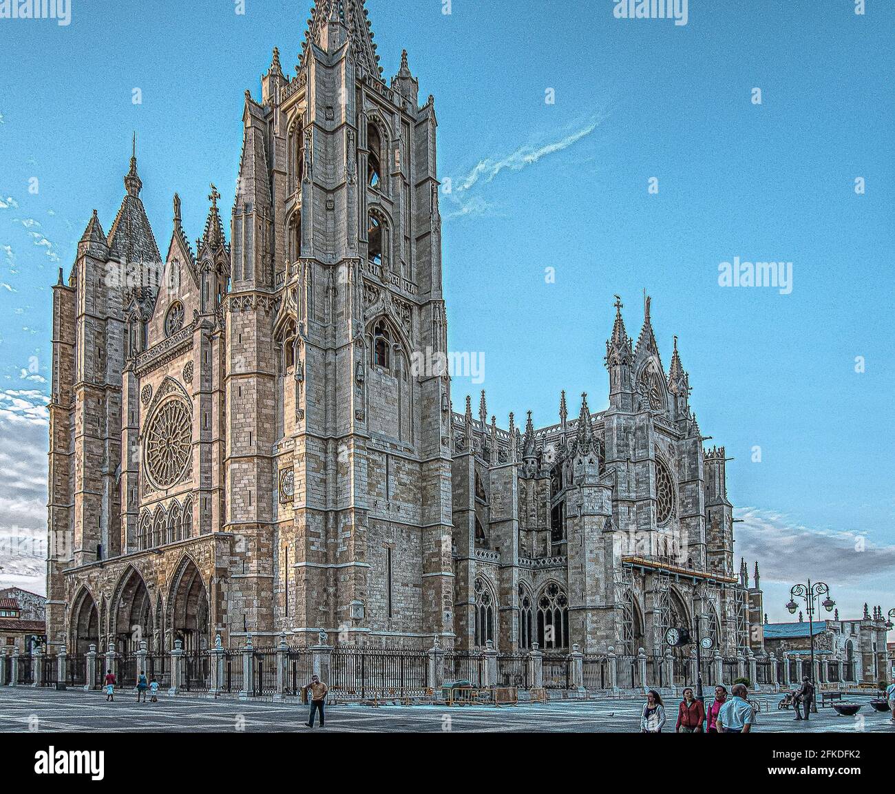 The Leon cathedral in the blue hour and people in the square, Leon ...