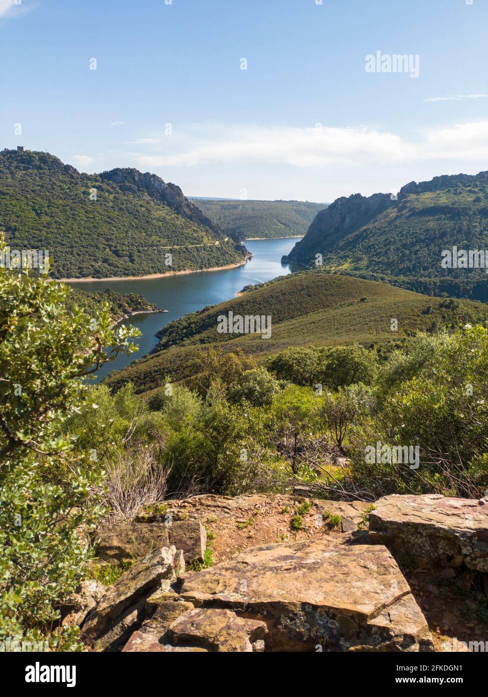 View of the Salto del Gitano in Monfrague from the Gemio hill in spring ...