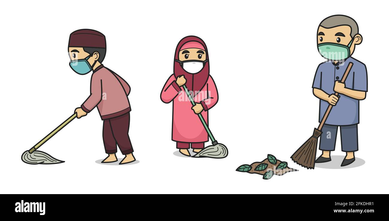 Children's Characters Clean Something While Wearing a Face Mask. Vector ...