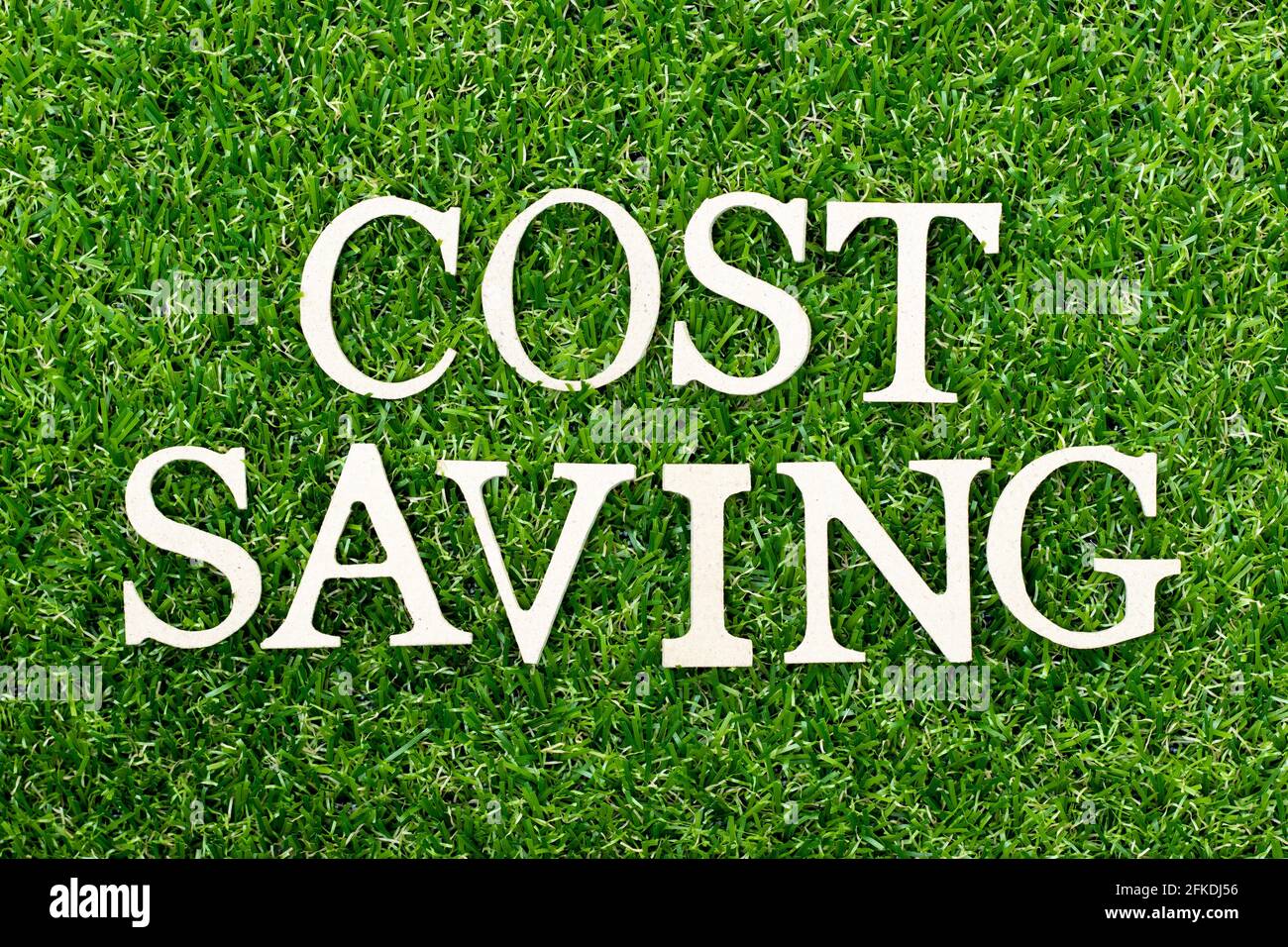 Wood alphabet letter in word cost saving on green grass background ...