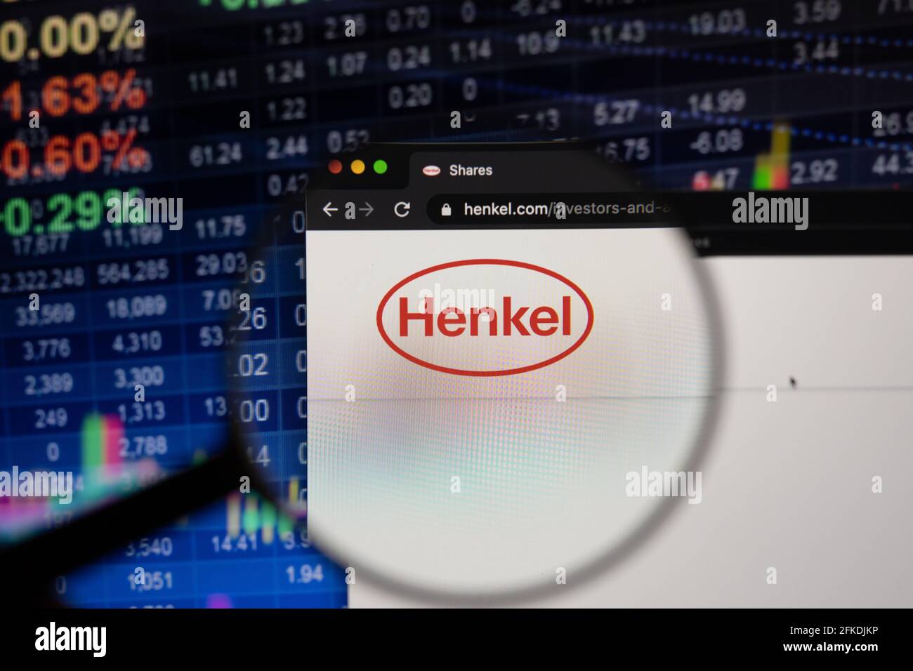 Henkel company logo on a website with blurry stock market developments ...