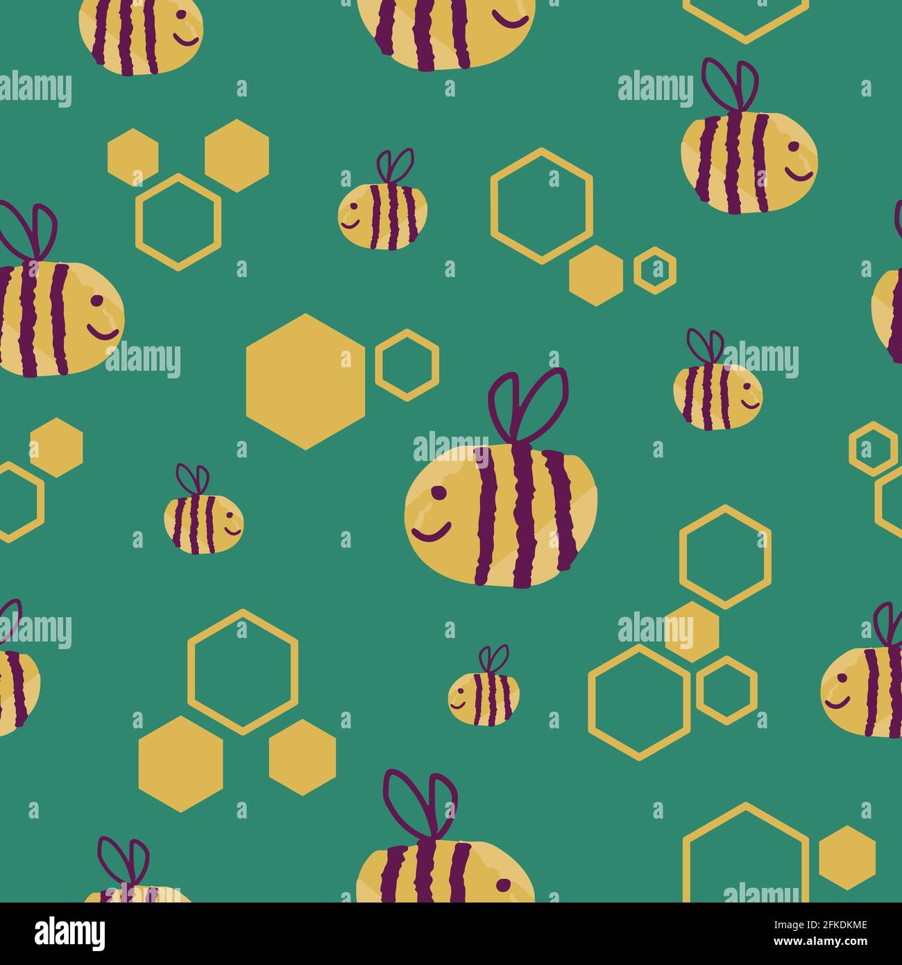 Natural seamless pattern with hand drawn bee and hexagonal honeycomb on ...